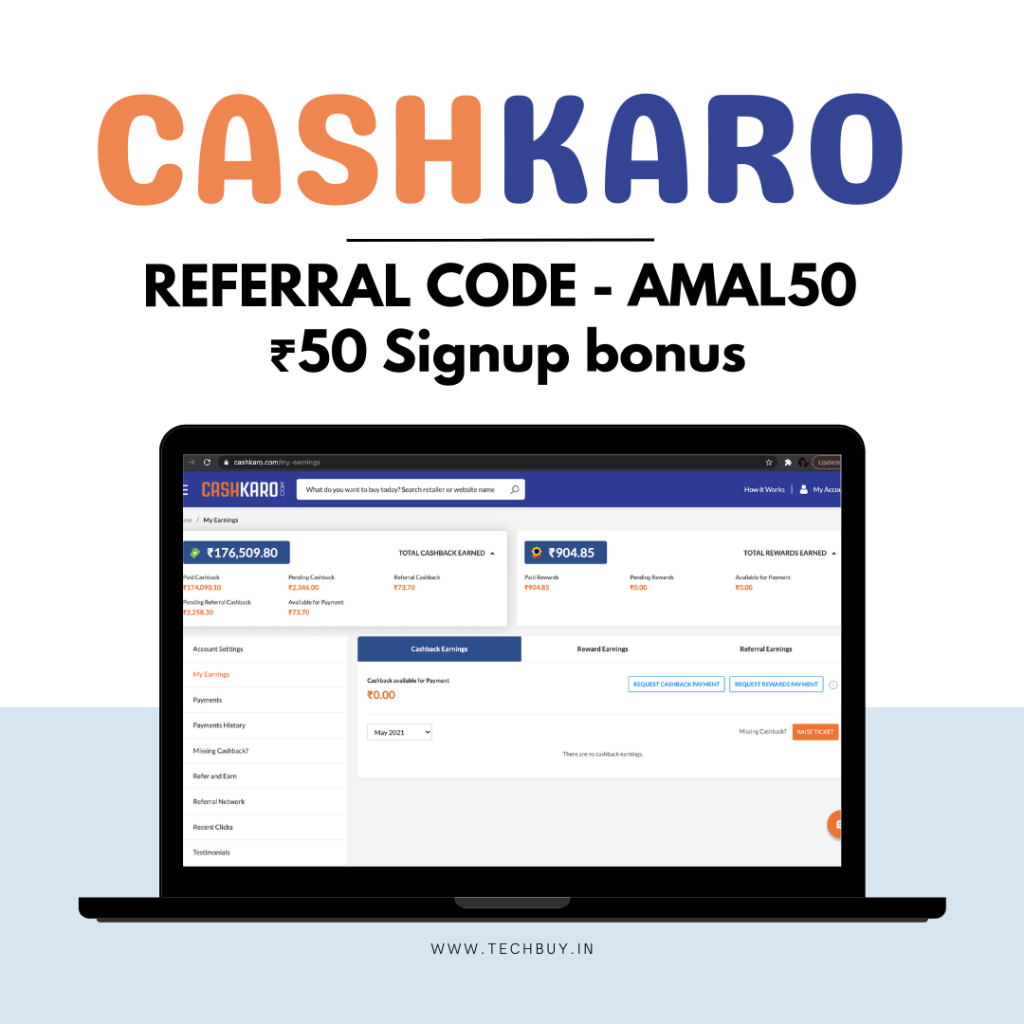 CashKaro Referral Code for bonus ₹50 + 10% cashback forever - TechBuy.in